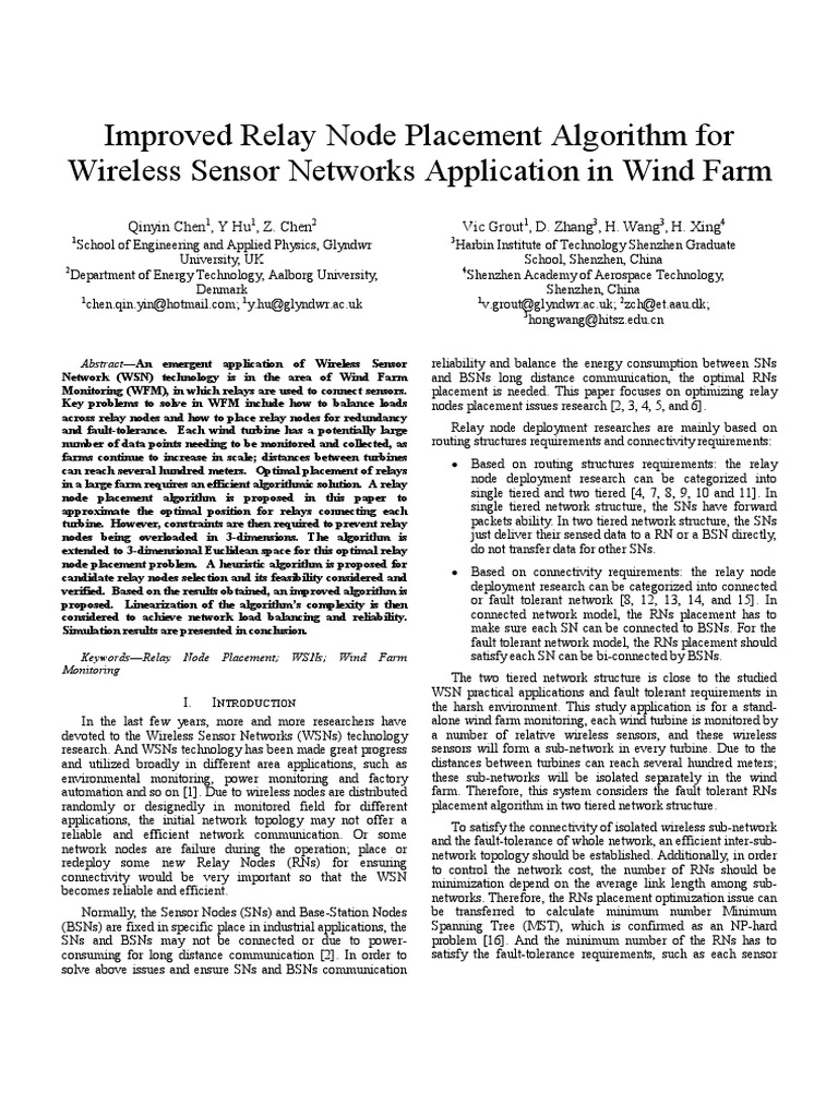 Improved Relay Node Placement Algorithm For Wireless Sensor Networks Application in Wind Farm ...