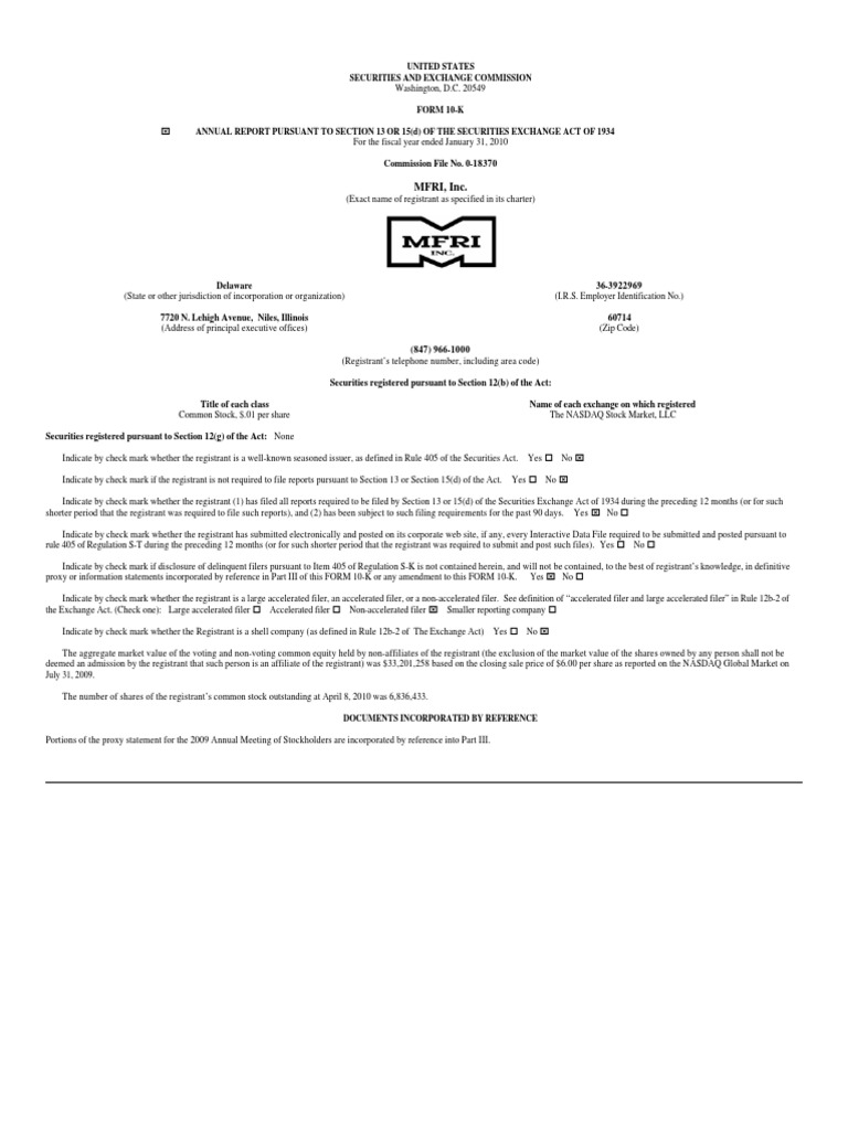 MFRI, Inc.: X Annual Report Pursuant To Section 13 or 15 (D) of The ...