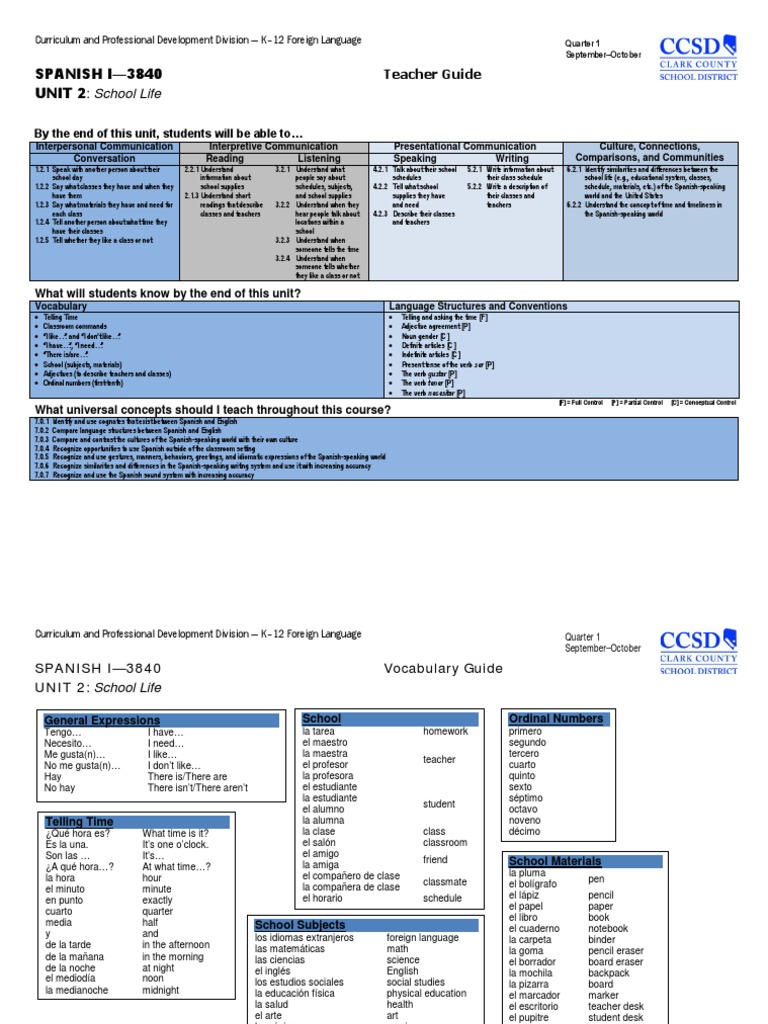 Spanish I: School Life Unit Guide | PDF | Spanish Language | English ...