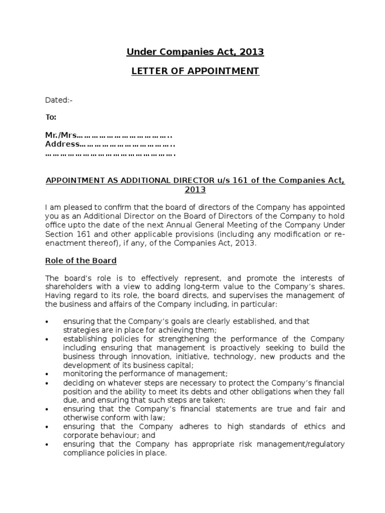 Appointment Letter for Additional Director | PDF | Board Of Directors ...