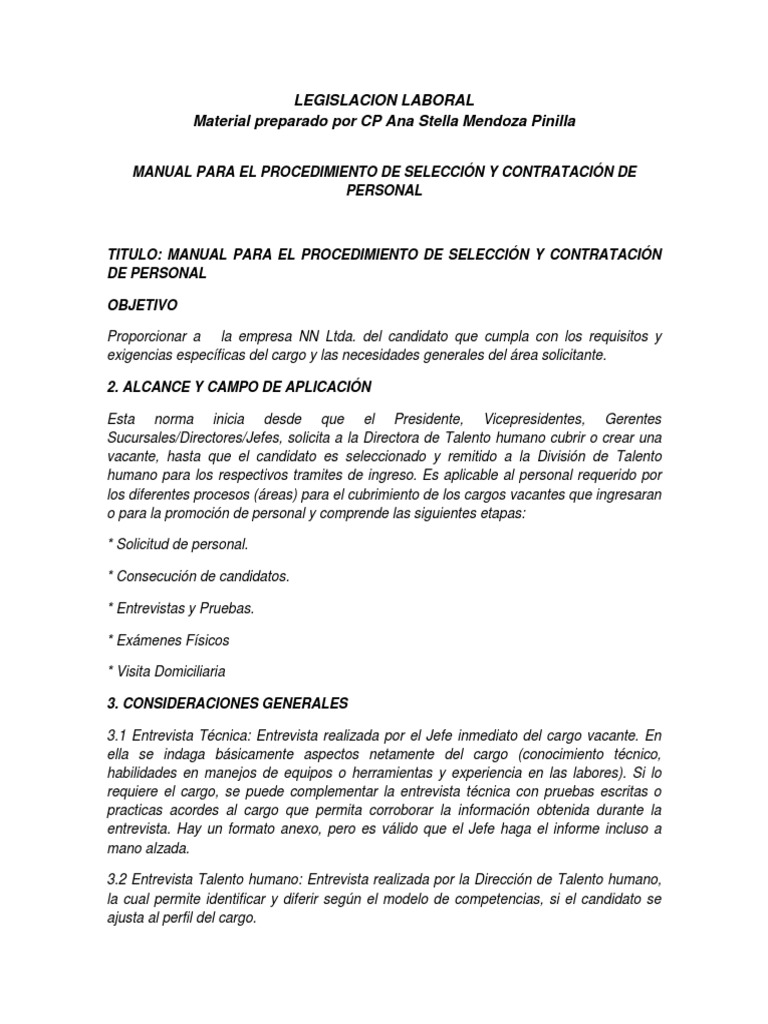 Manual para El Procedimiento de Seleccion y Contratacion de Personal ...