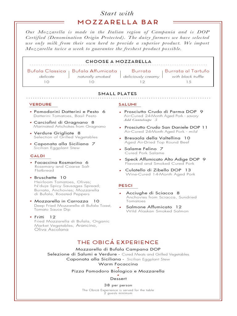 Obica Menu | Download Free PDF | Italian Cuisine | Cuisine