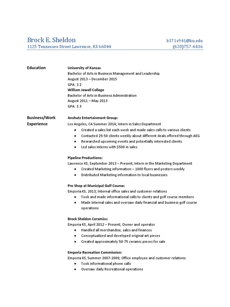 Brock Sheldon: Business Management Resume | PDF