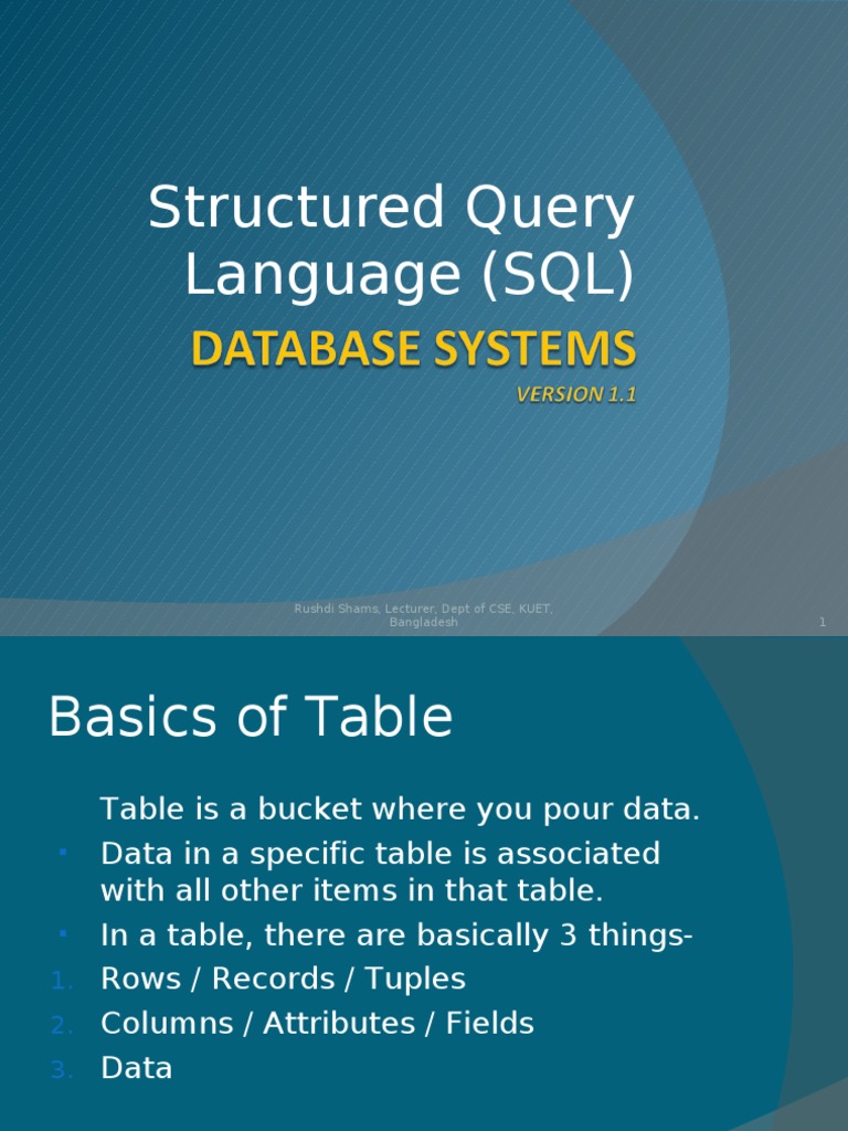 Structured Query Language (SQL) : 1 Rushdi Shams, Lecturer, Dept of CSE ...