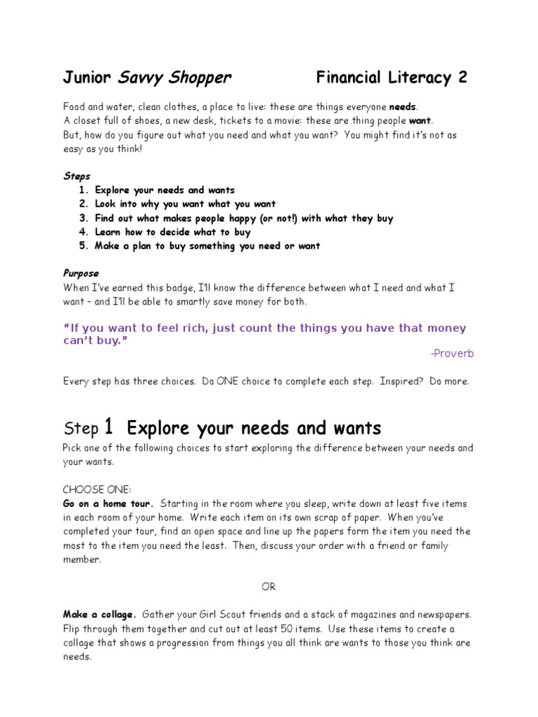 Junior Savvy Shopper Financial Literacy 2: Explore Your Needs and Wants ...
