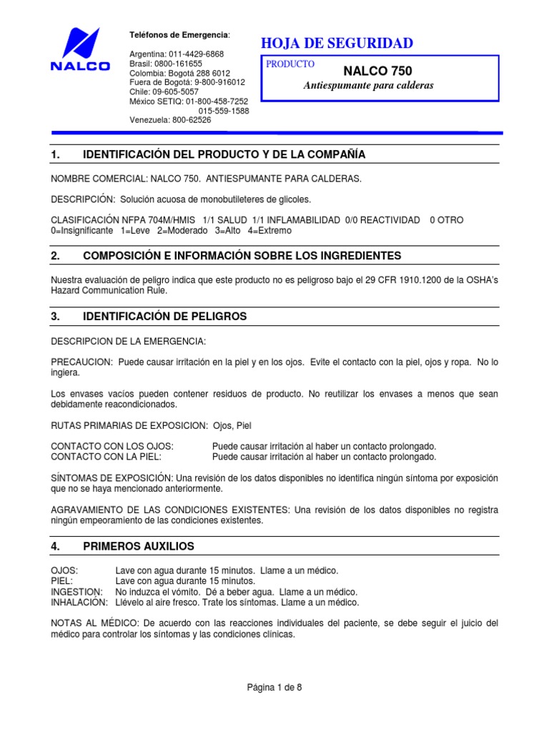 MSDS Nalco 750 | Toxicidad | Agua