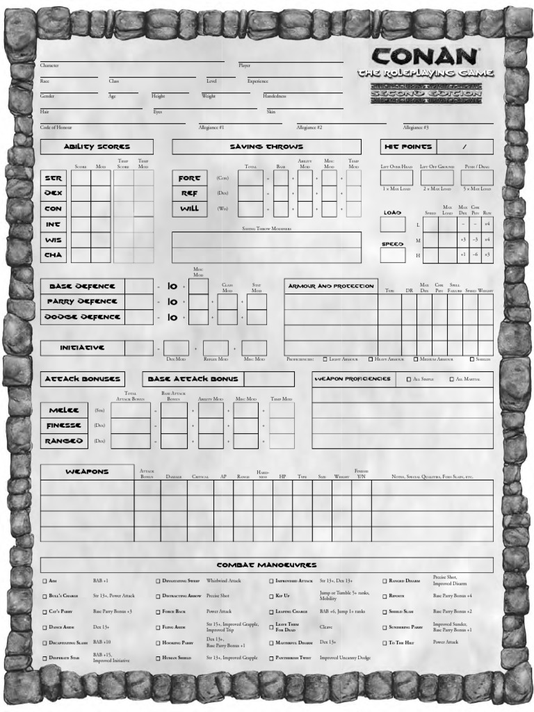 Conan - Character Sheet 2nd Edition (2 Page) | PDF | Leisure Activities | Entertainment