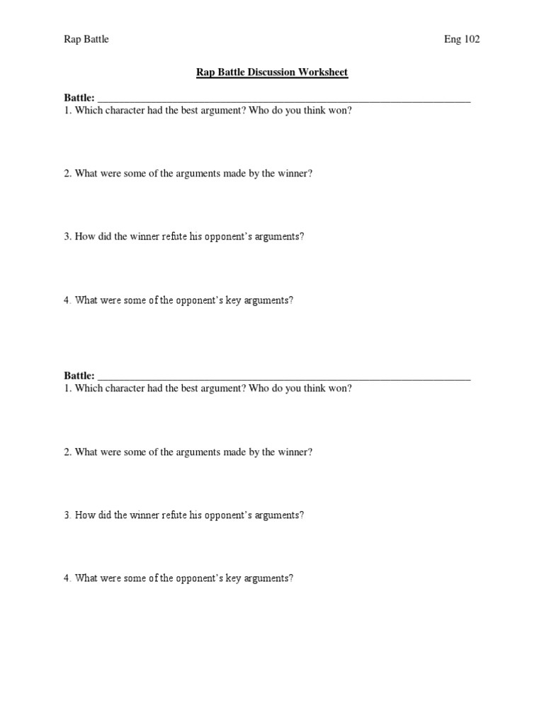 Eng 102 Rap Battle Worksheet | PDF | Rapping | American Styles Of Music