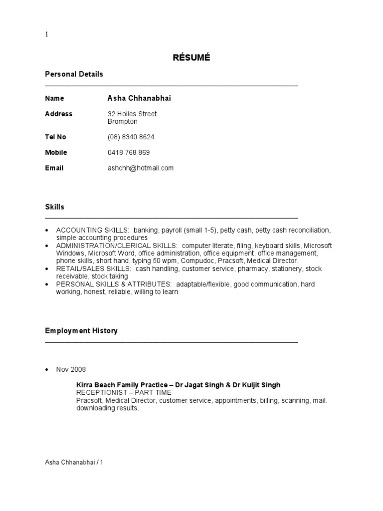 Resume of Asha Chhanabhai - Adelaide | PDF | Health Sciences | Medicine