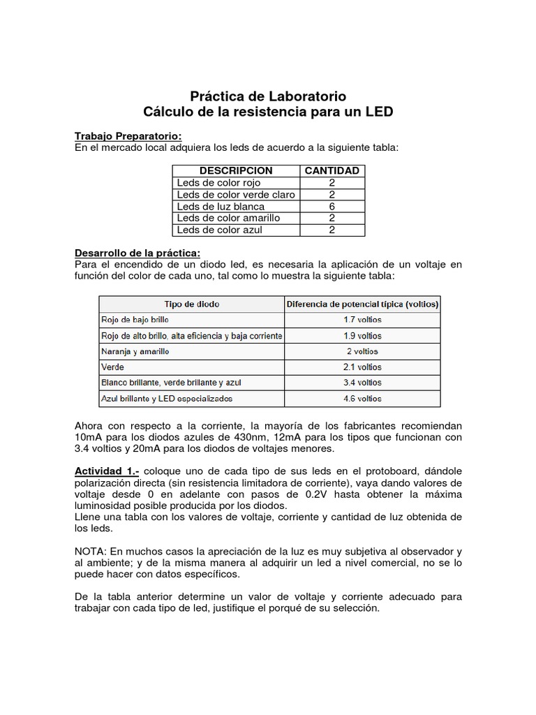 Practica LEDS | PDF | Diodo emisor de luz | Resistencia Eléctrica y ...