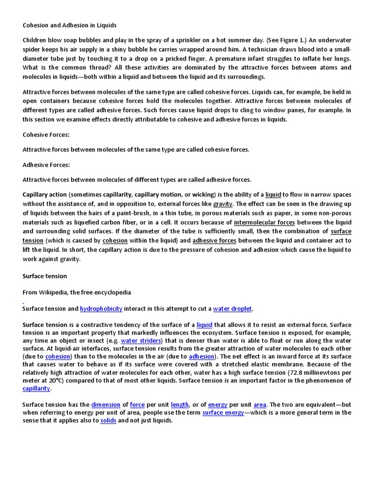 Cohesion and Adhesion in Liquids | PDF | Surface Tension | Properties ...