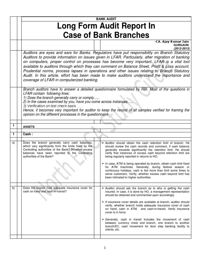 Bank Branch Audit LFAR Guidelines | PDF | Debits And Credits | Banks