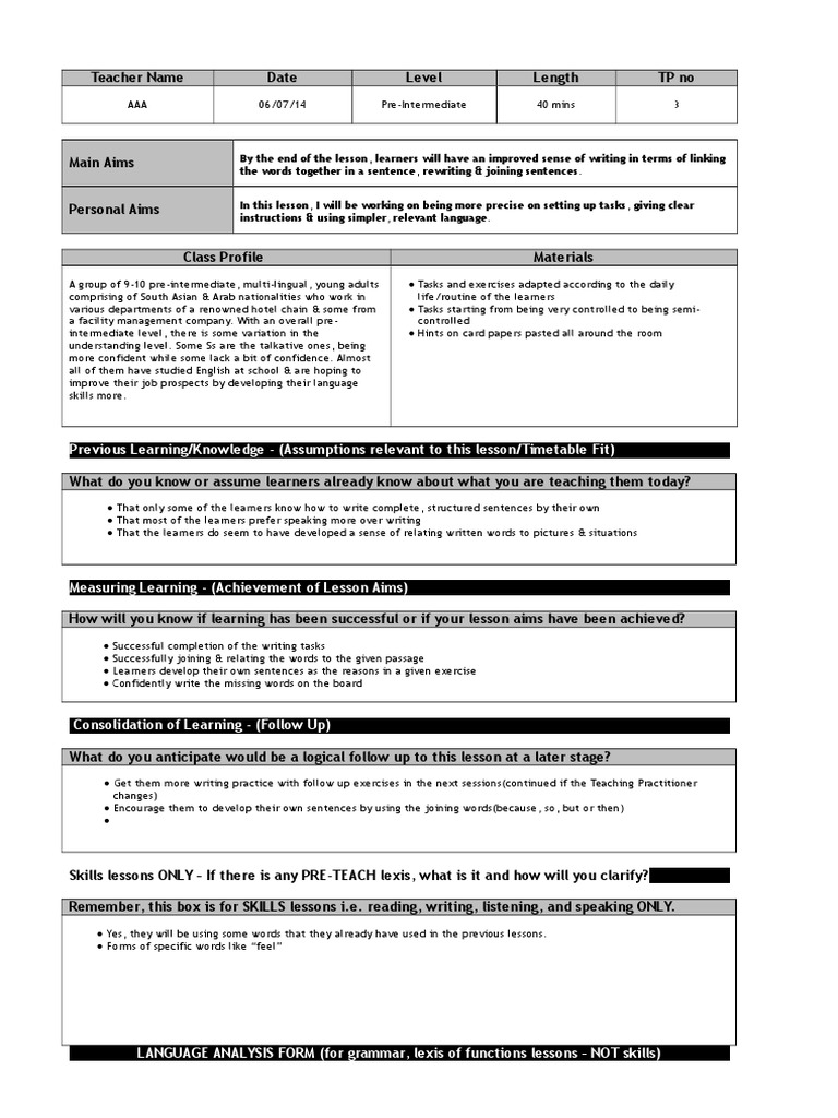 Celta Lesson Plan Pdf Syntax Grammar