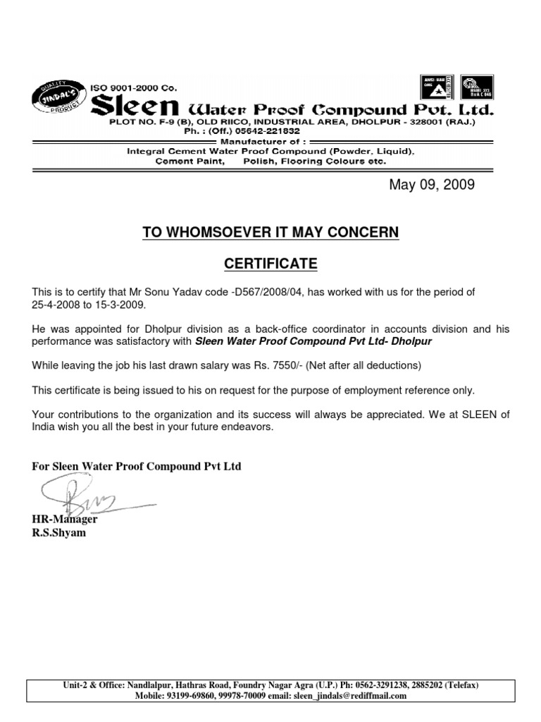 Employment Certificate for Sonu Yadav | PDF