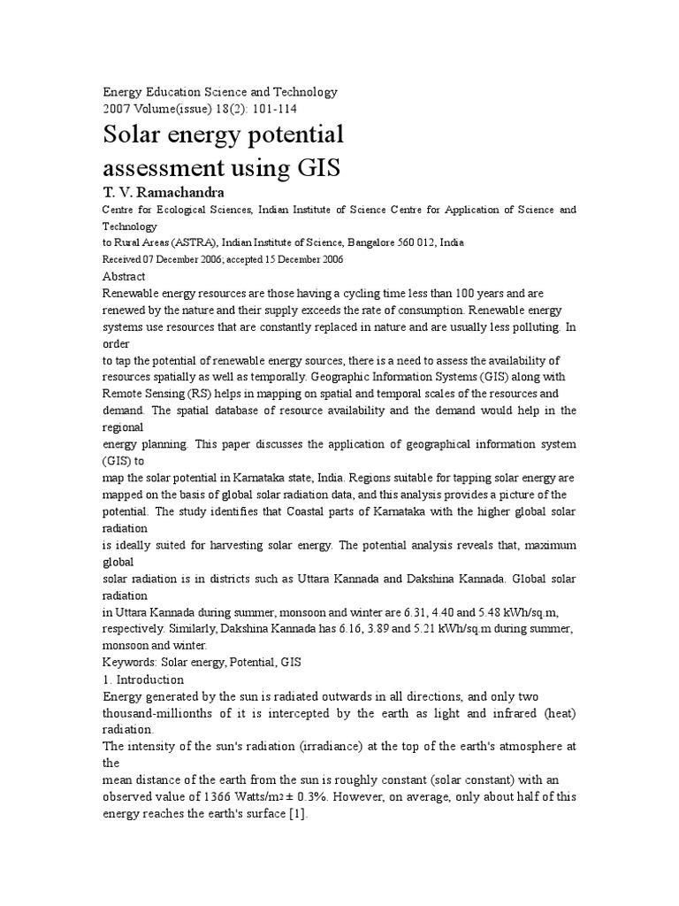 Solar Energy Potential Assessment Using GIS: T. V. Ramachandra | PDF ...