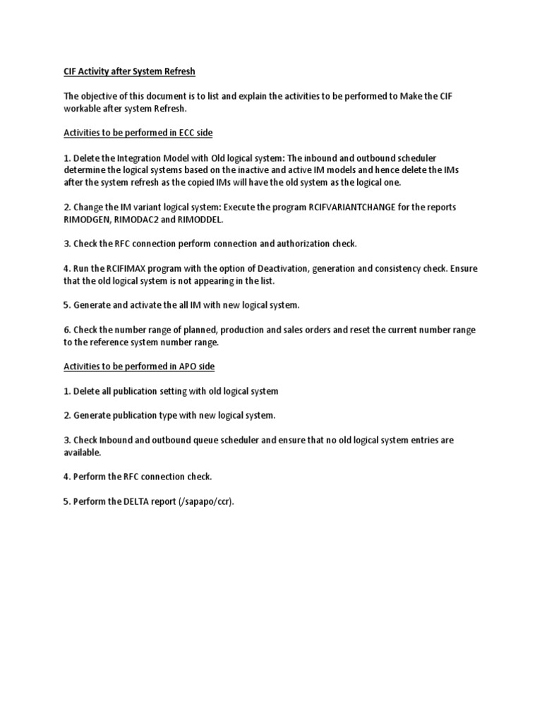 CIF Post-Refresh Activities Guide | PDF