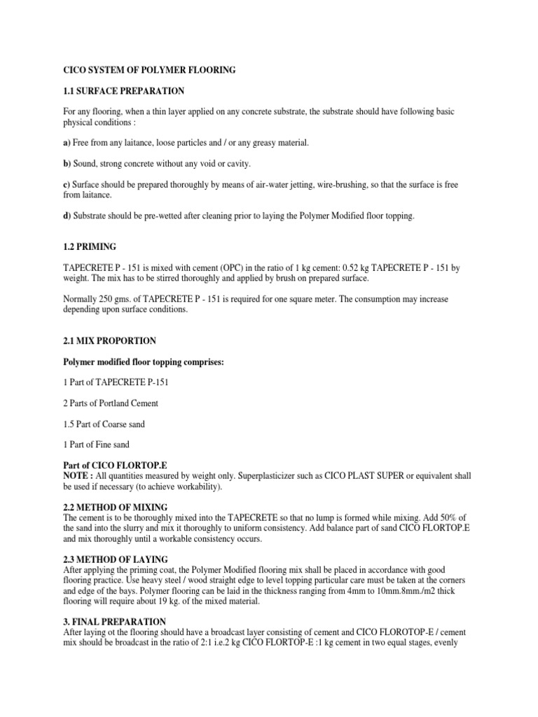 CICO Polymer Flooring System | PDF | Concrete | Cement