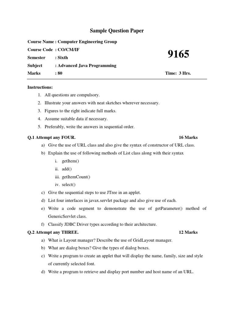 Advanced Java Programming (9165) - Sample Paper of MSBTE For Sixth ... Advanced Java Programming (9165) - Sample Paper of MSBTE For Sixth ...