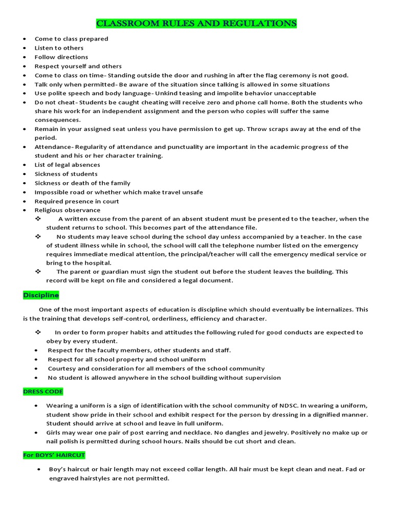 Classroom Rules and Regulations | PDF | Hairstyle | Teachers