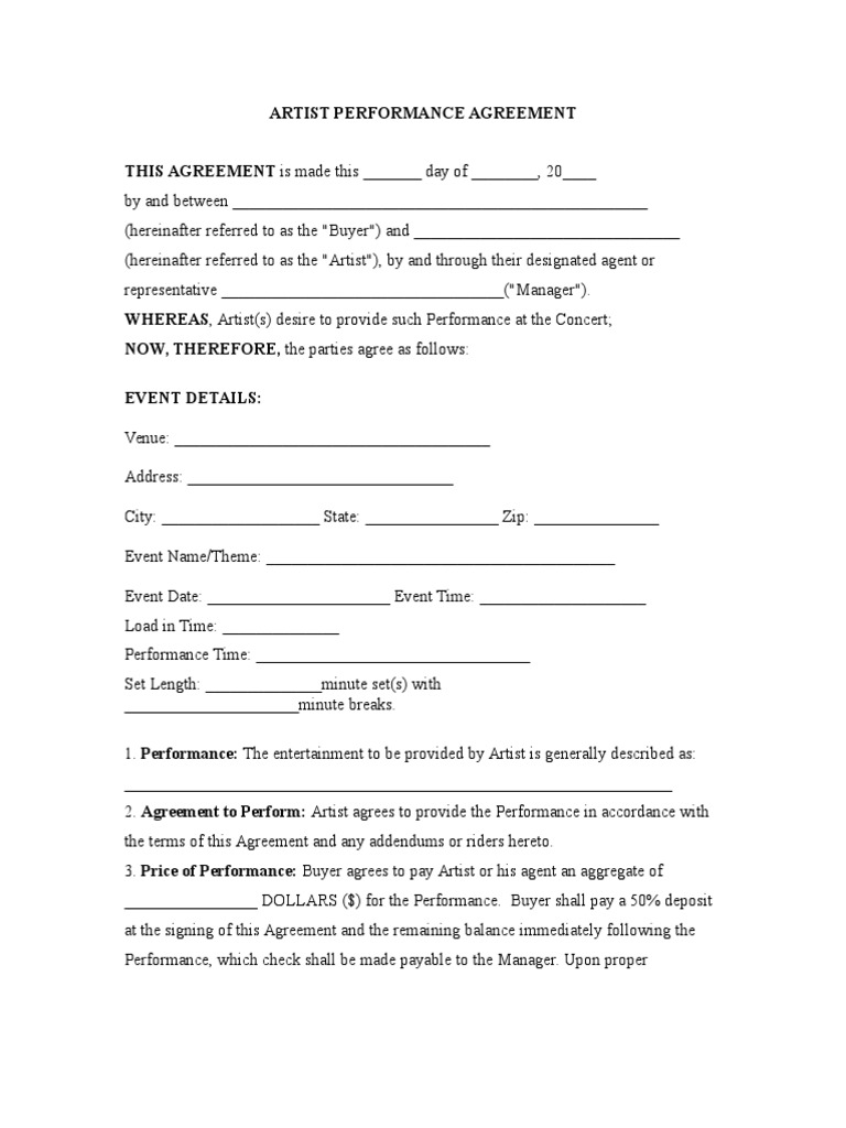 Artist Performance Agreement Template | PDF | Business
