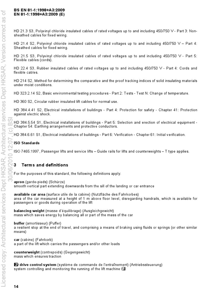 BS EN 81-1 - 1998 & A3 2009 p16-19 | PDF | Electrical Wiring | Cable