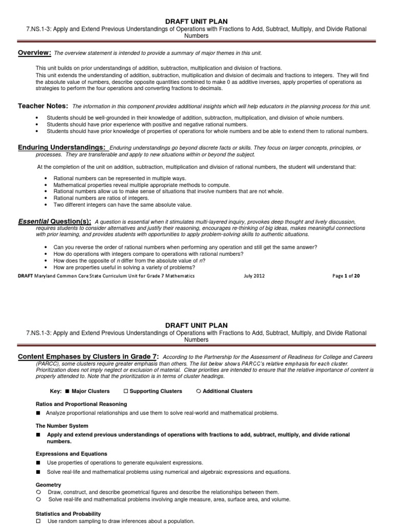 Unit Plan 7NS1-3 Operations With Rational Numbers | PDF | Division ...