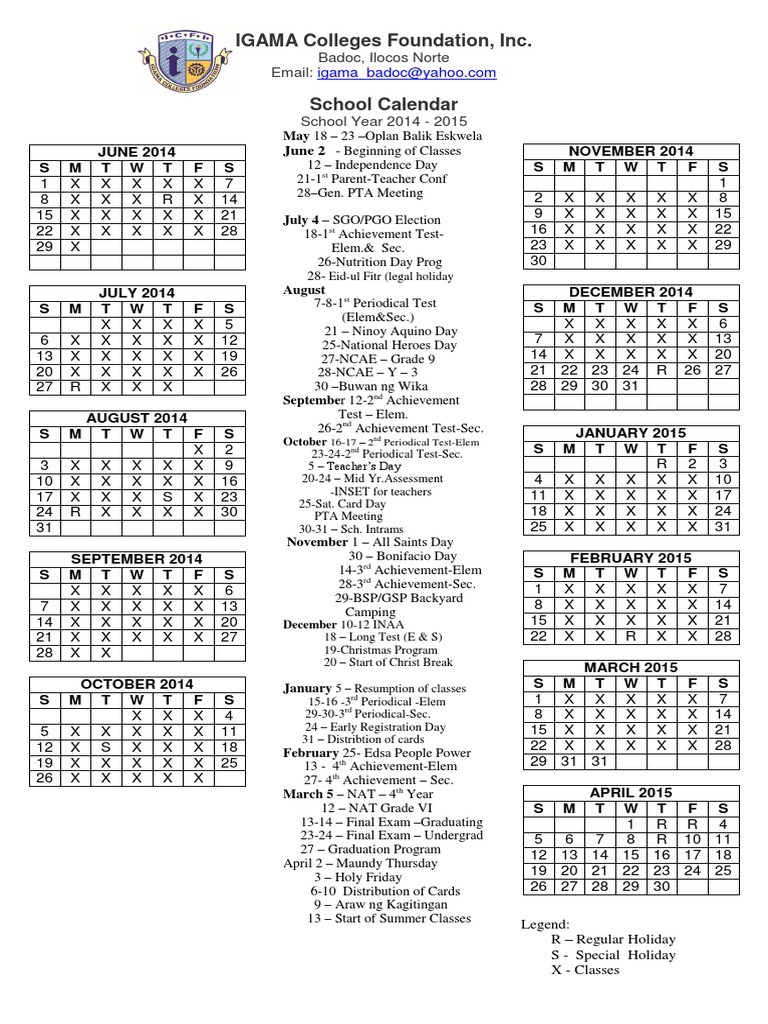 School Calendar SY 2014-2015 | PDF | Observances | Holidays