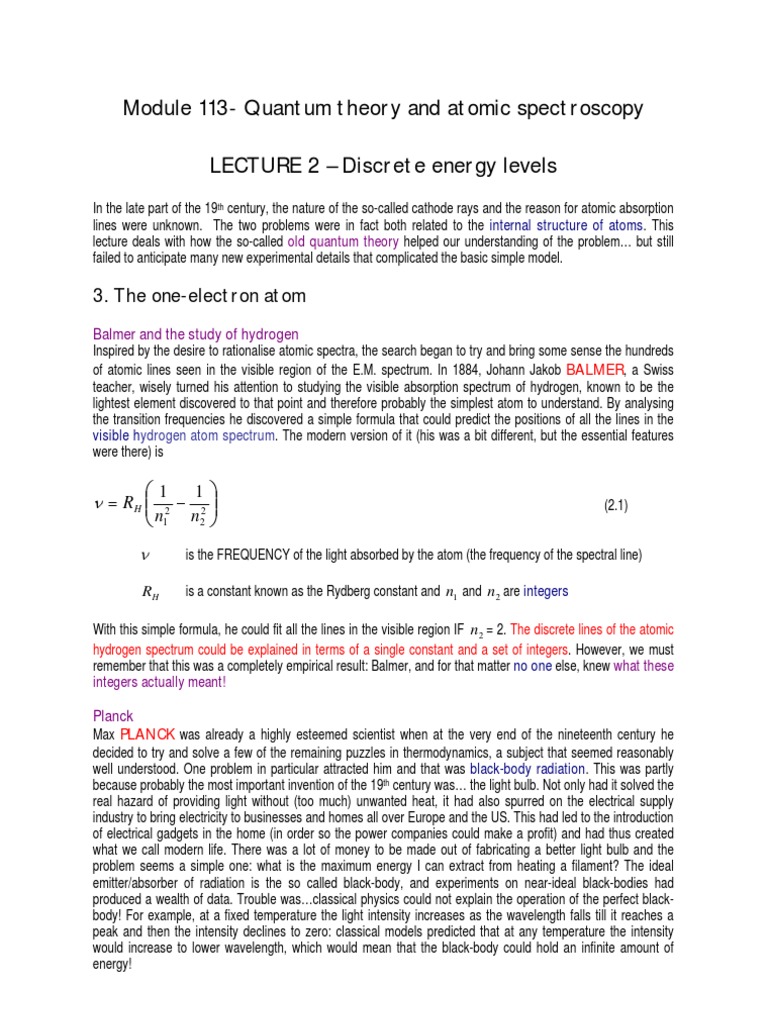Module 113-Quantum Theory and Atomic Spectroscopy LECTURE 2 - Discrete ...