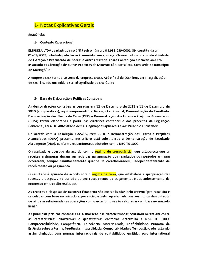 Notas Explicativas Gerais - CORRETO | PDF | Relatório anual | Passivo ...