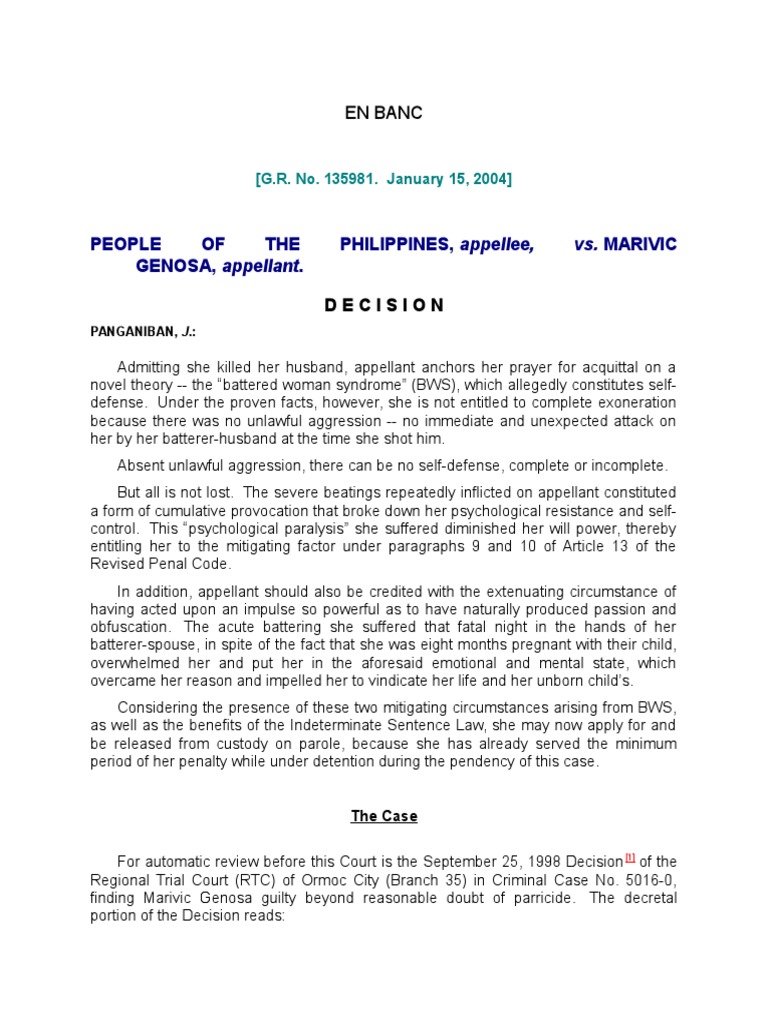 People Vs Genosa | PDF | Neurosis | Common Law