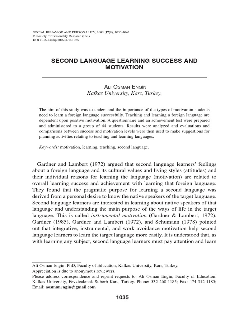 Second Language Learning Success and Motivation: Kafkas University ...