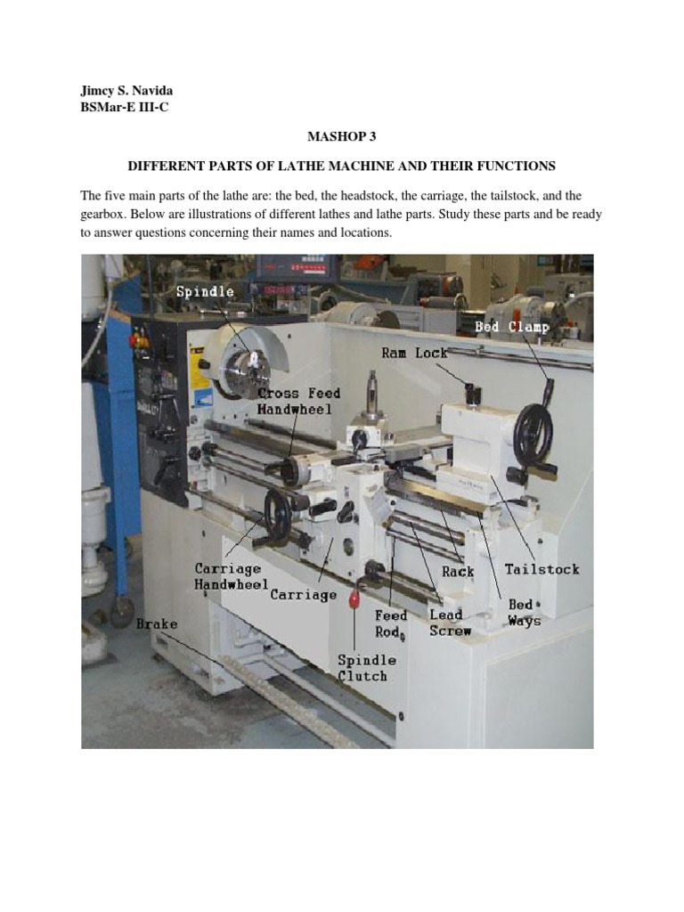 Different Parts of Lathe Machine and Their Functions Print | PDF ...