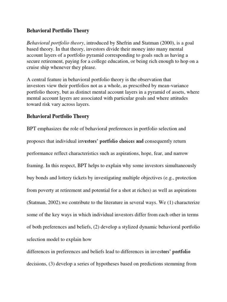 Behavioral Portfolio Theory | PDF | Investor | Modern Portfolio Theory