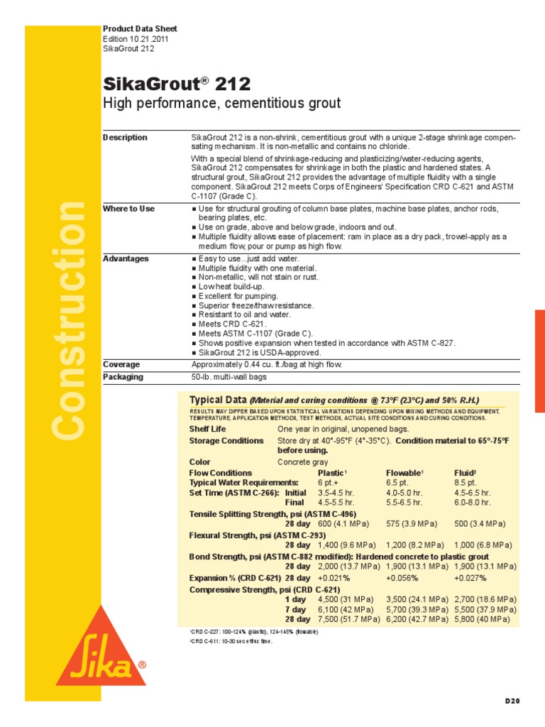 SikaGrout 212 Product Data B25956 | Download Free PDF | Concrete | Water