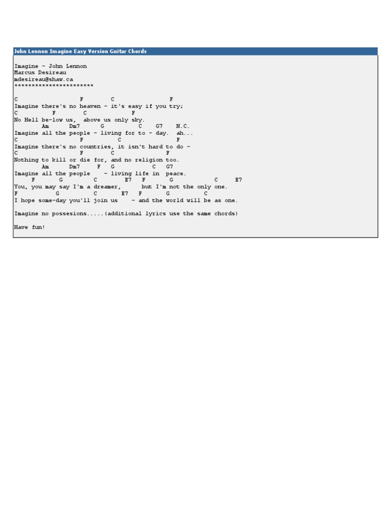 John Lennon Imagine Guitar Chords Imagine By John Lennon Sheet Music