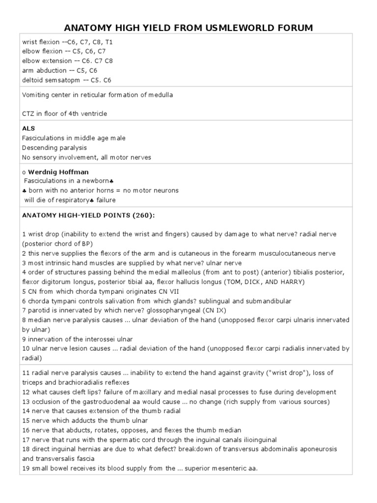 Anatomy High Yield From Usmleworld Forum | PDF | Elbow | Spinal Cord