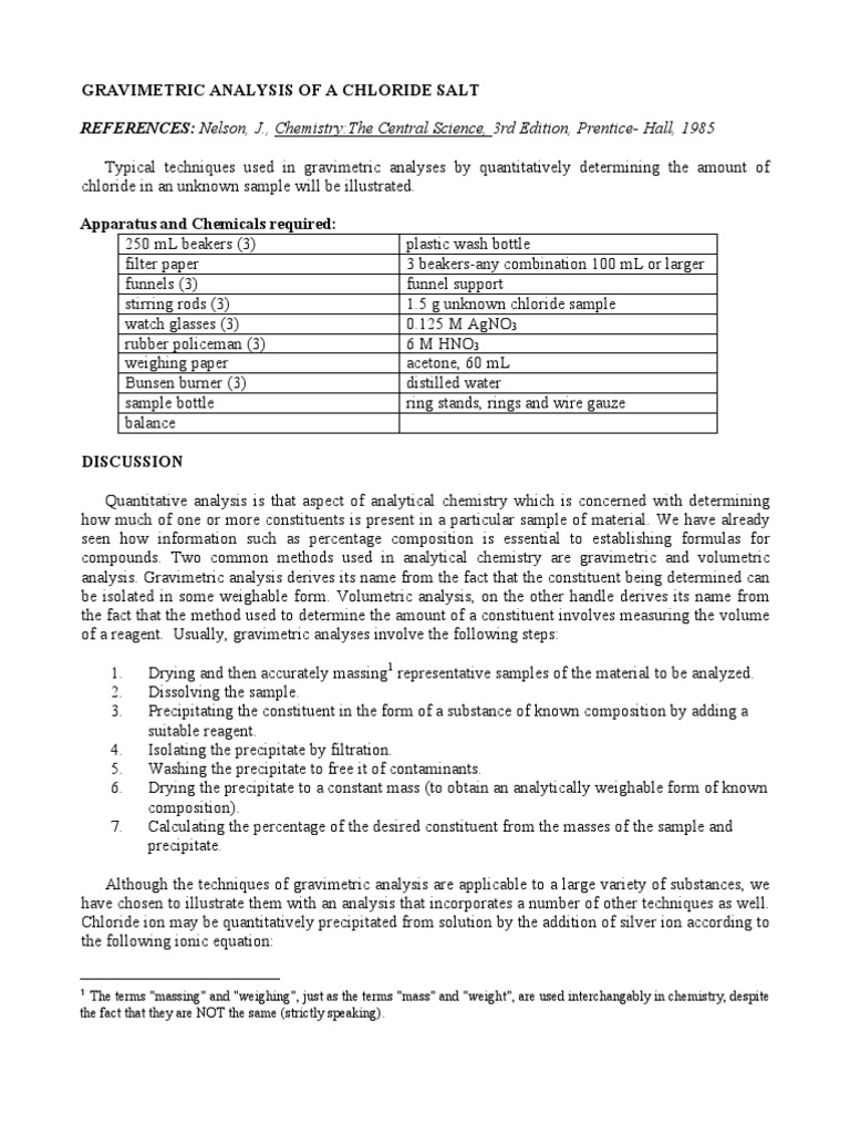 Gravimetric Analysis of A Chloride Salt References: Nelson, J ...
