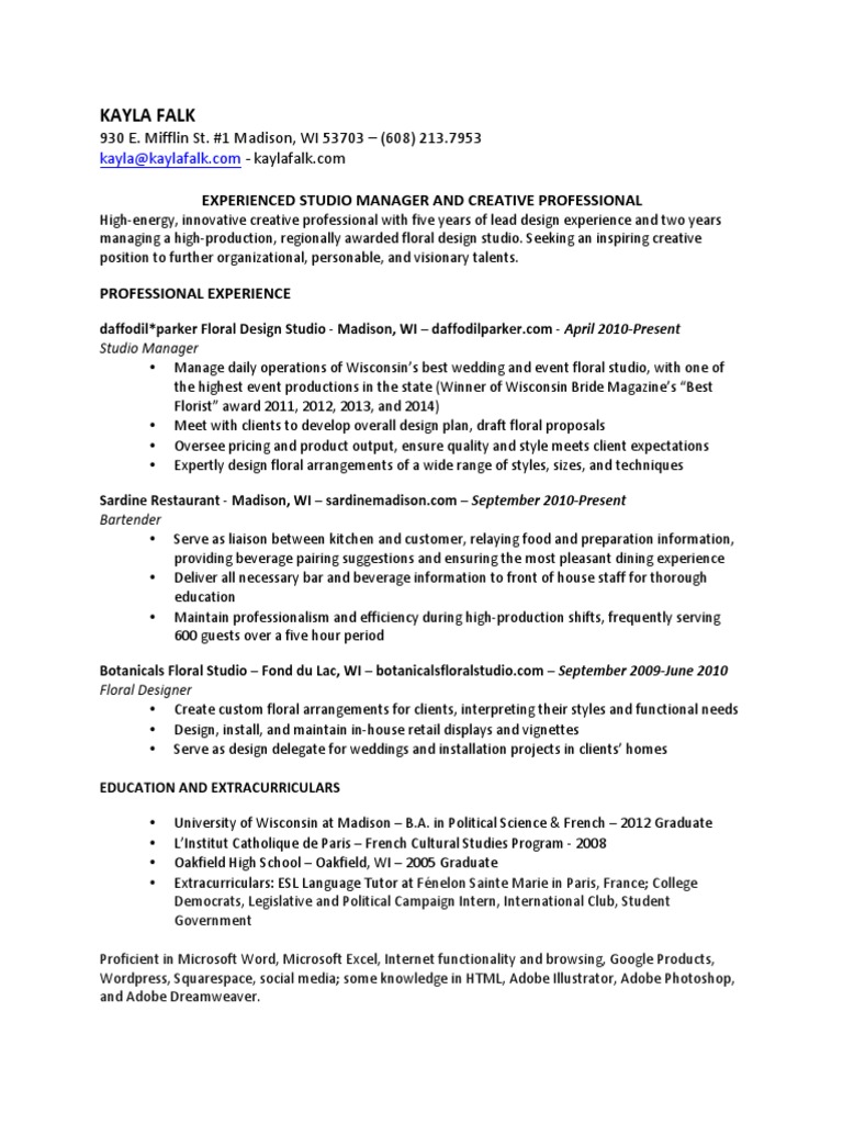 Kayla Falk: Experienced Studio Manager and Creative Professional | PDF ...