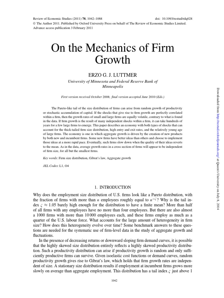 On The Mechanics of Firm Growth: Erzo G. J. Luttmer | PDF | Labour ...