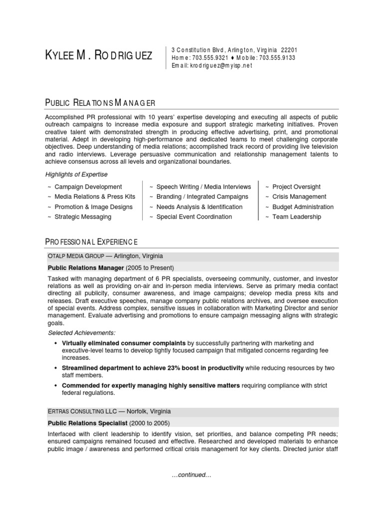 Public Relations Resume Sample | PDF | Public Relations | Crisis Management