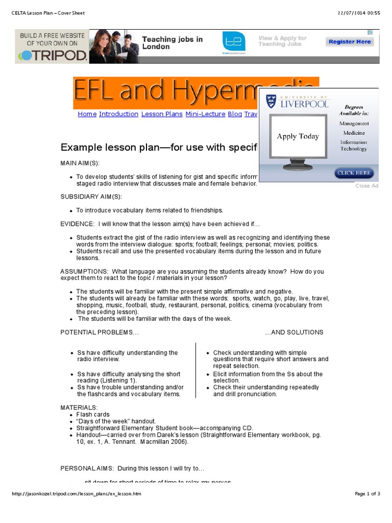 CELTA Lesson Plan - Cover Sheet | PDF | Lesson Plan | Vocabulary