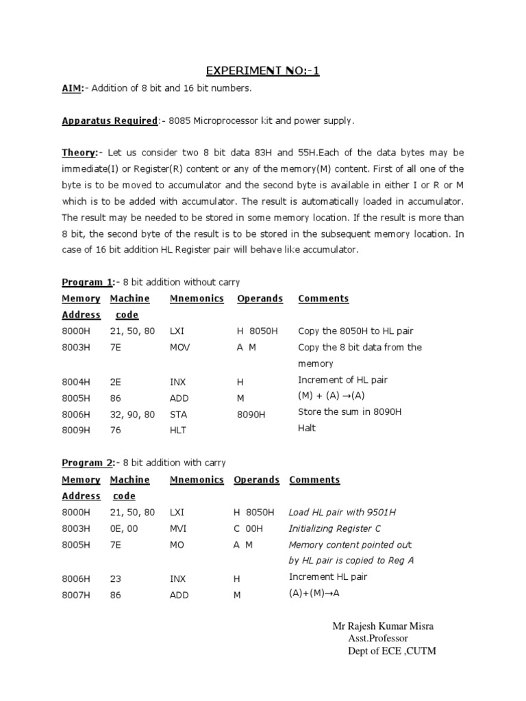 EXPER1adiition of Two 8 Bit Number | Download Free PDF | Computing ...