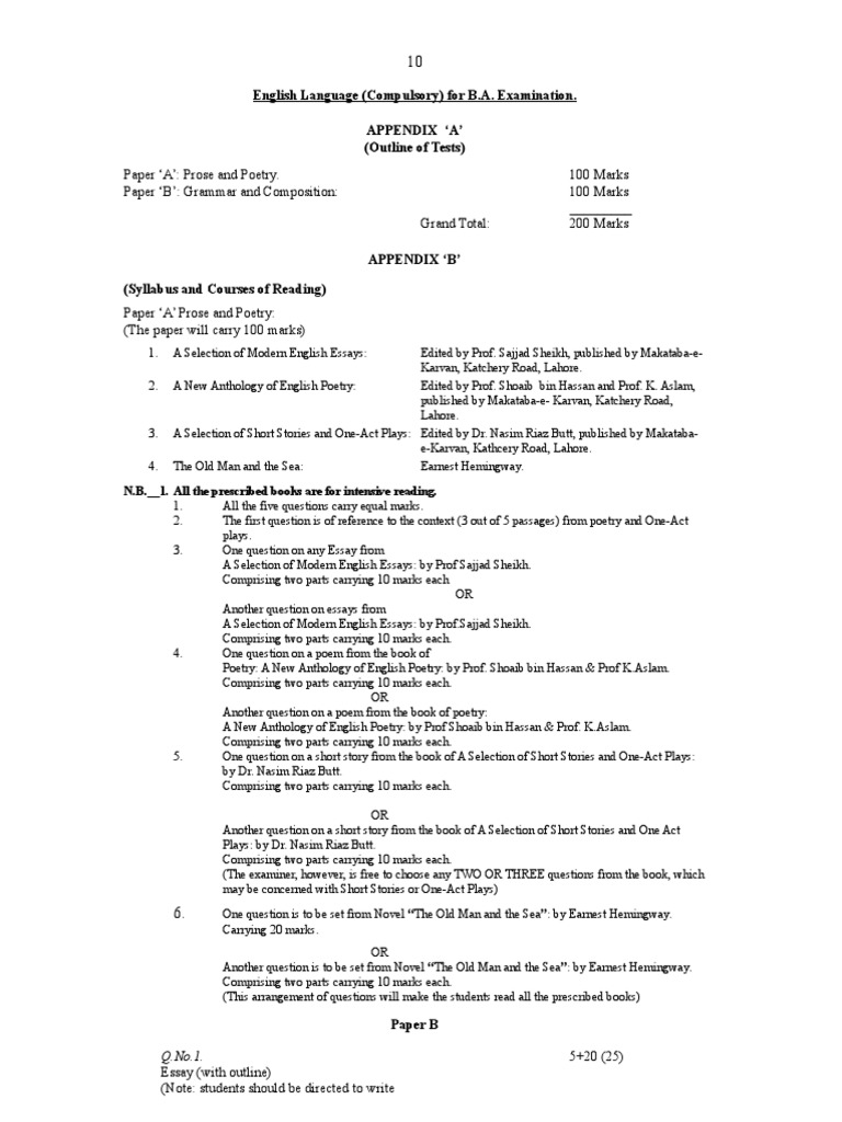 English Language (Compulsory) For B.A. Examination. Appendix A ...