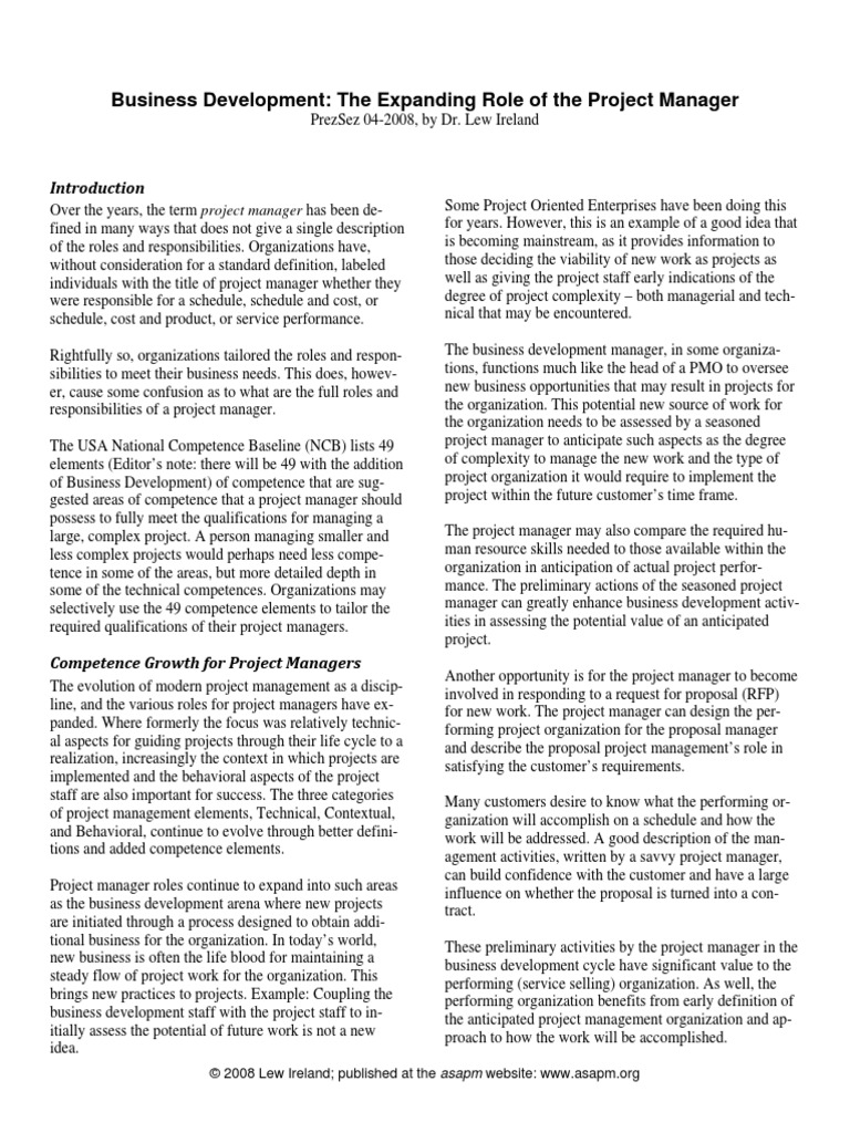 Business Development: The Expanding Role of The Project Manager | PDF ...