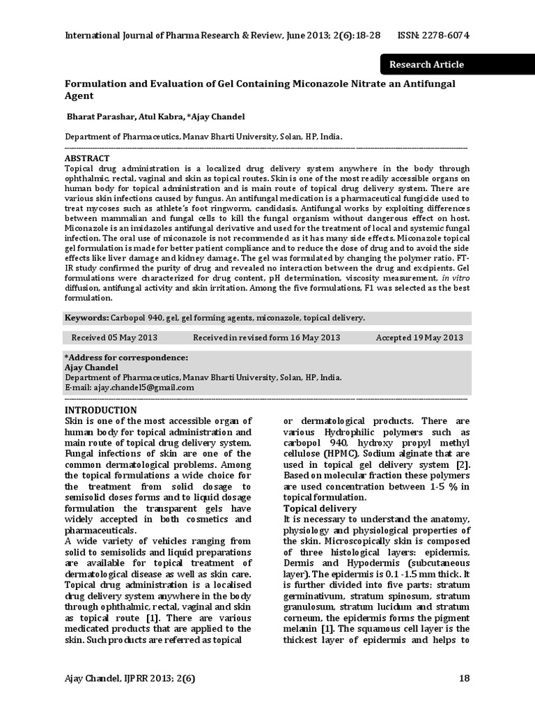 Formulation and Evaluation of Gel Containing Miconazole Nitrate An ...