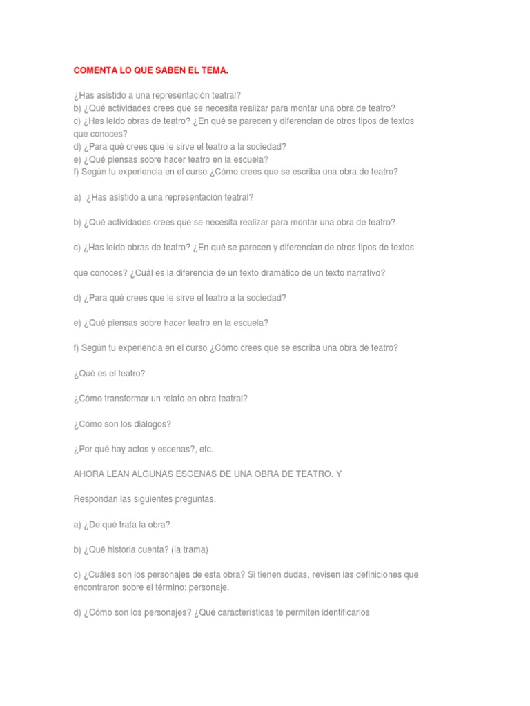 Examen de Teatro Primero Sec | PDF | Teatro | Comedia