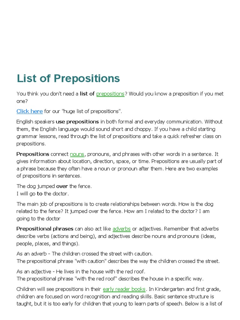 List of Prepositions | PDF | Preposition And Postposition | Adverb