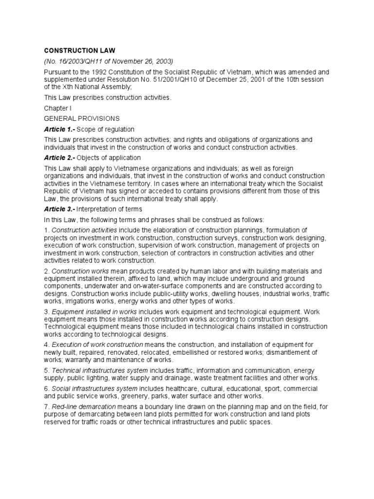 (No. 16/2003/QH11 of November 26, 2003) : Construction Law | PDF | U.S ...