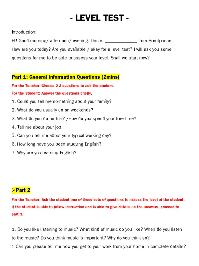 Level Test - : Part 1: General Information Questions (2mins) | PDF ...