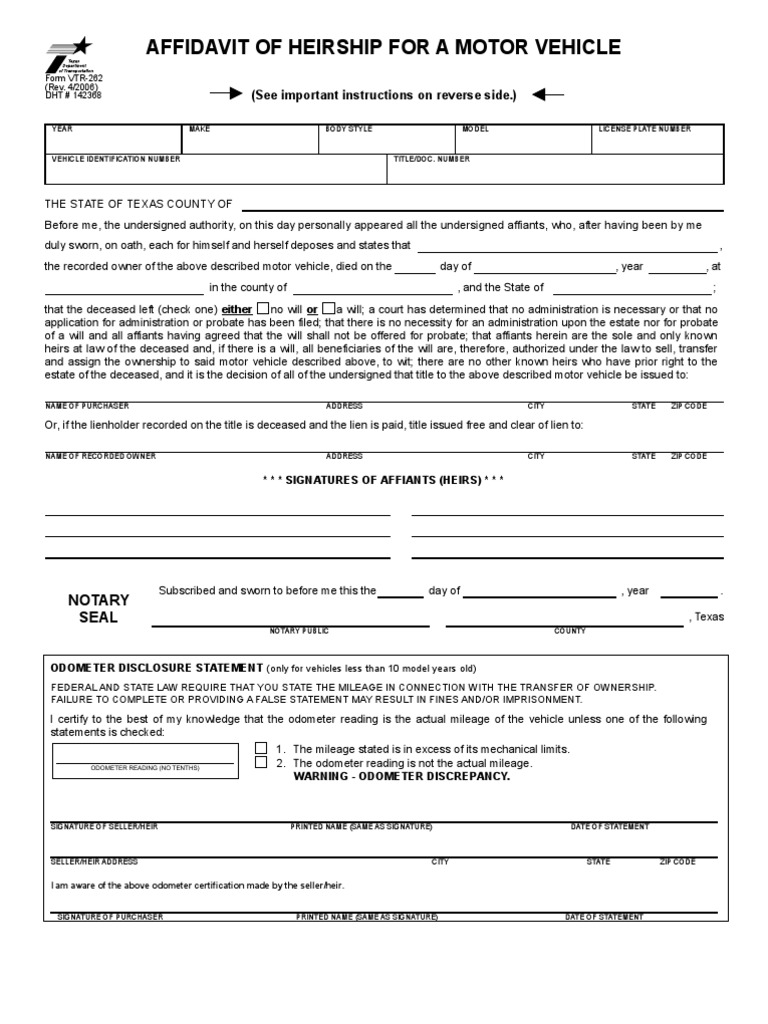 Affidavit of Heirship For A Motor Vehicle: (See Important Instructions ...